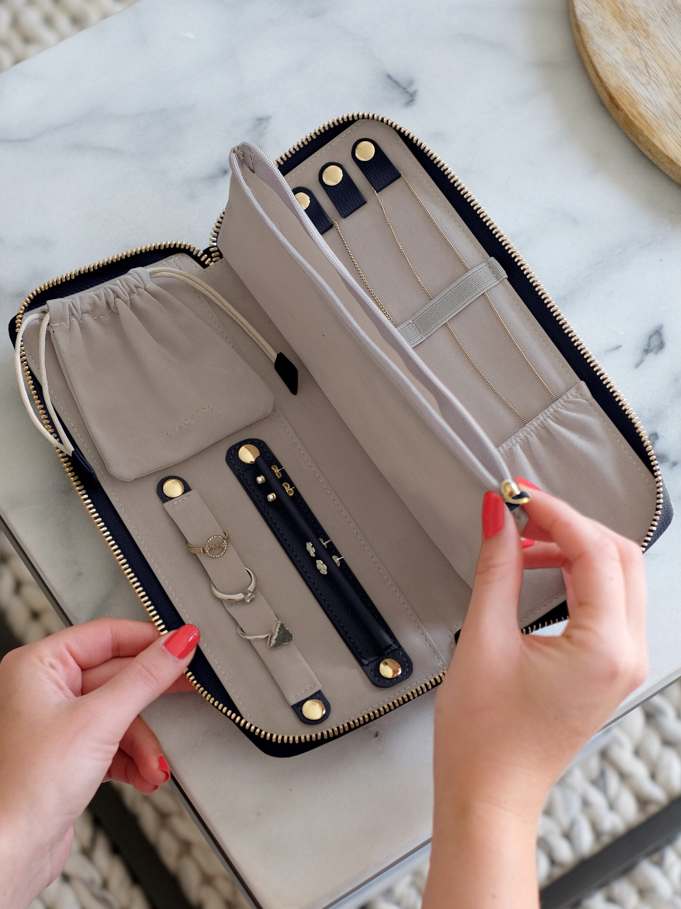Stackers Travel Jewellery Roll in Navy Cherry Soda Jewellery
